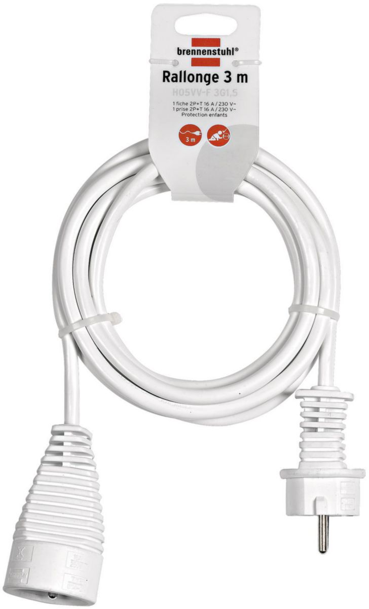 Rallonge 3m fiche/prise blanc Réf. 1168431 - BRENNENSTUHL