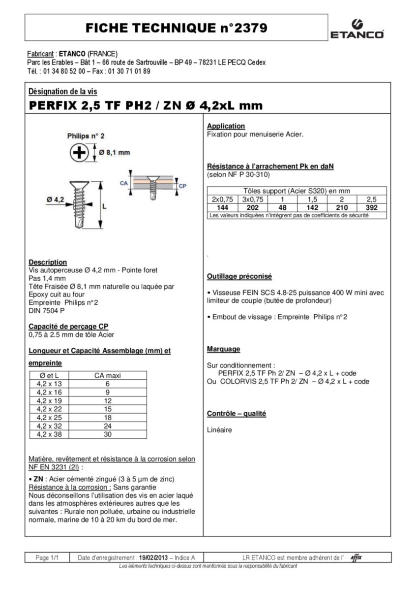 PERFIX 2.5 TF/Ph2 Zn 4.2x38 (LS PACK) Réf: 300647000 - PERFIX ETANCO